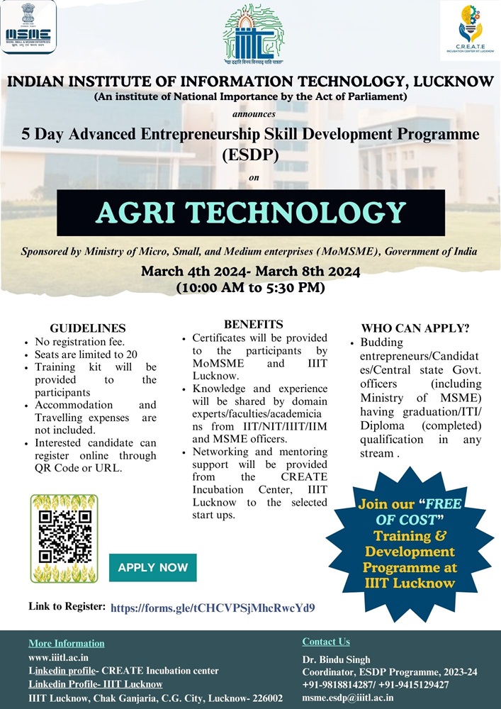 IIIT Lucknow five-day Advanced Entrepreneurship and Skill Development Programmes (ESDP) on the ...
